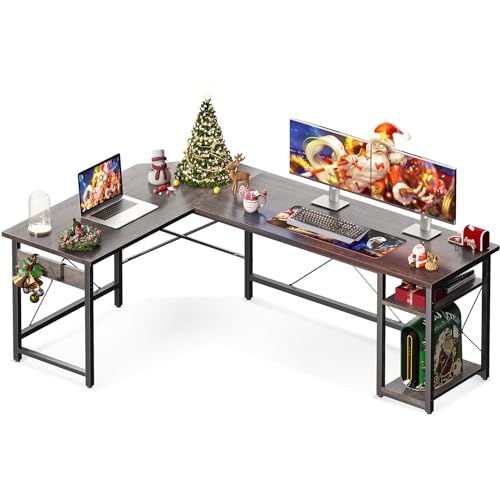 Coleshome L Shaped Computer Desk 66" with Storage Shelves, Corner Gaming Desk, Sturdy Writing Desk Workstation, Modern Wooden Desk Office Desk, Wood & Metal, Grey Oak