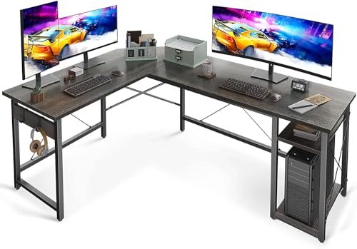 Coleshome L Shaped Computer Desk 66" with Storage Shelves, Corner Gaming Desk, Sturdy Writing Desk Workstation, Modern Wooden Desk Office Desk, Wood & Metal, Grey Oak