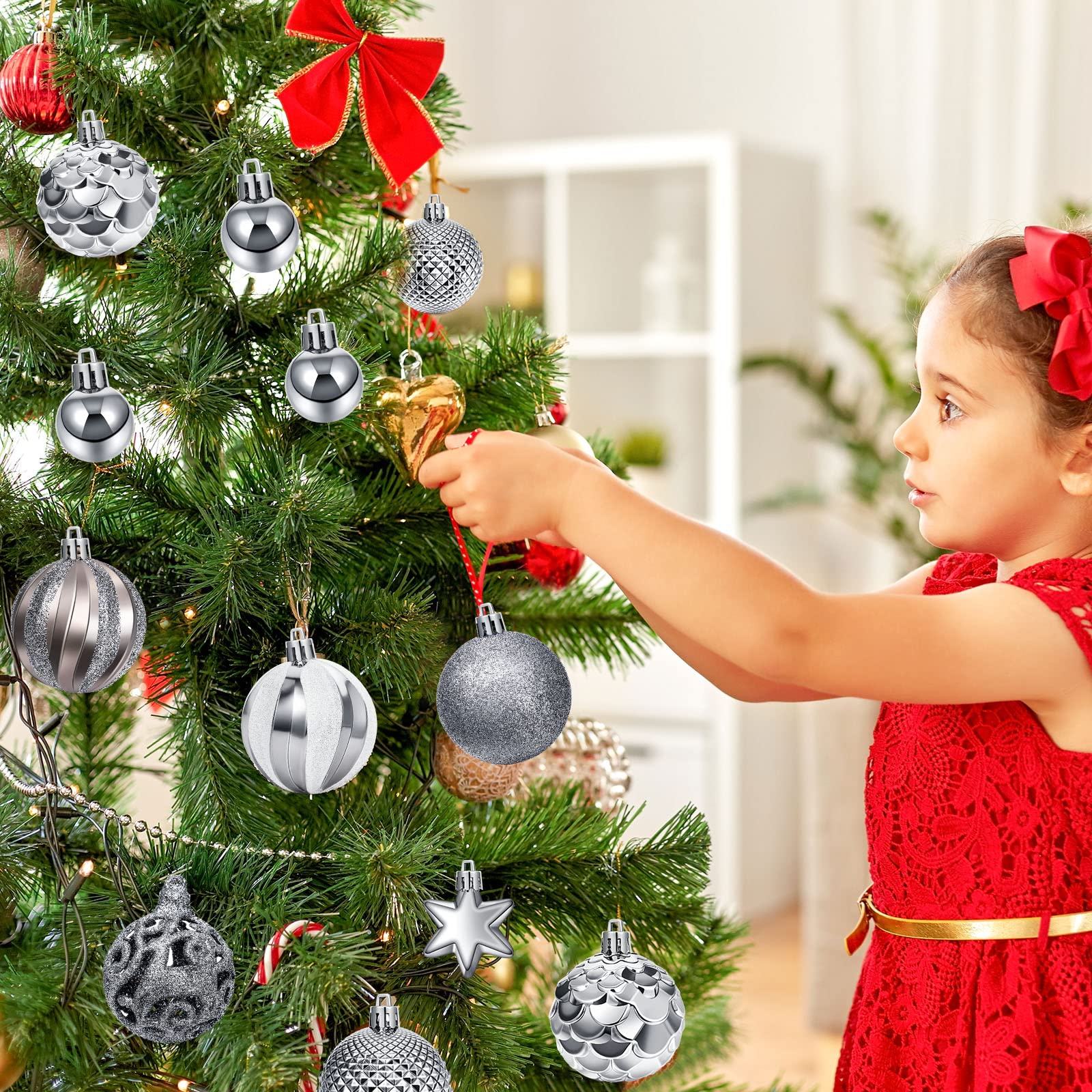 42 Pcs Christmas Tree Balls Ornaments Hanging Christmas Balls Glitter Plastic Xmas Tree Baubles 2.36'' and 1.18'' Christmas Tree Pendant Ball for Holiday Party Decoration (Silver, Stripe)