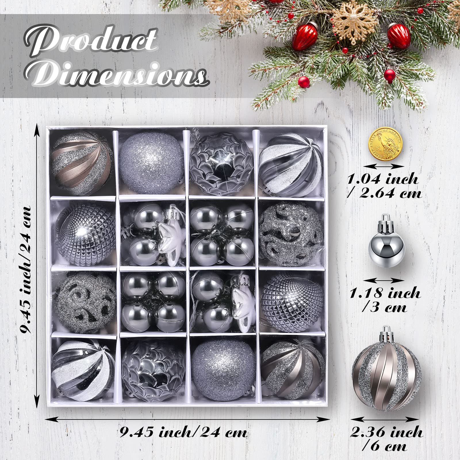 42 Pcs Christmas Tree Balls Ornaments Hanging Christmas Balls Glitter Plastic Xmas Tree Baubles 2.36'' and 1.18'' Christmas Tree Pendant Ball for Holiday Party Decoration (Silver, Stripe)