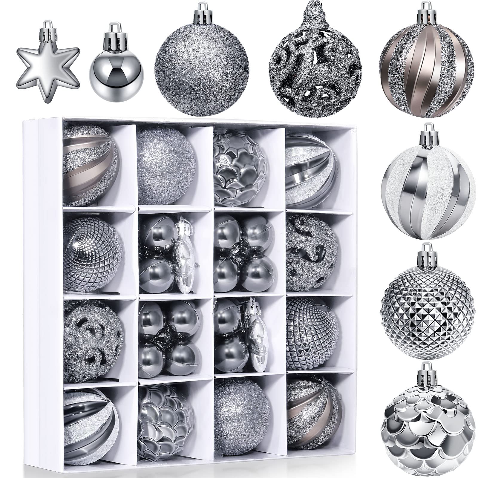 42 Pcs Christmas Tree Balls Ornaments Hanging Christmas Balls Glitter Plastic Xmas Tree Baubles 2.36'' and 1.18'' Christmas Tree Pendant Ball for Holiday Party Decoration (Silver, Stripe)