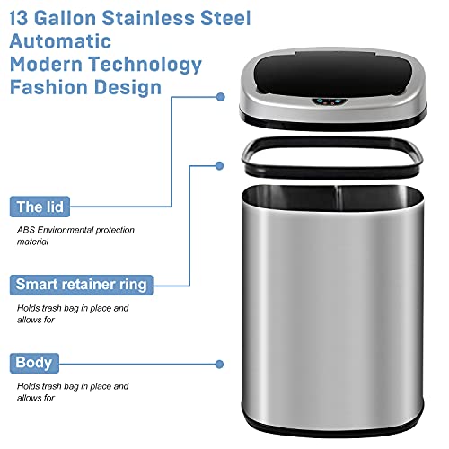 Bigacc 13 Gallon 50 Liter Kitchen Trash Can with Touch-Free & Motion Sensor, Automatic Stainless-Steel Garbage Can, Anti-Fingerprint Mute Designed Trash Bin Trash Can for Office Bedroom, Silver