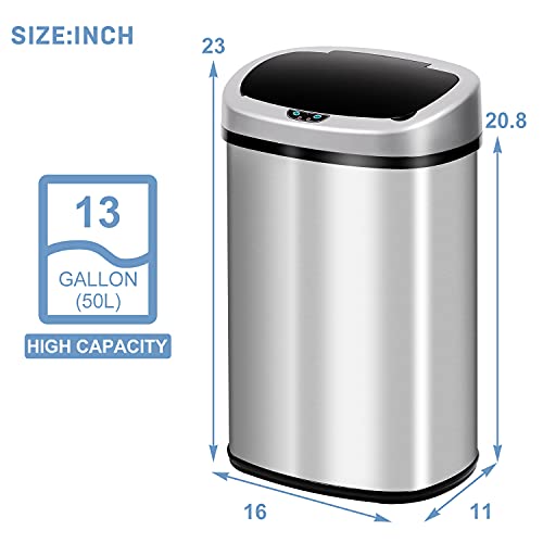 Bigacc 13 Gallon 50 Liter Kitchen Trash Can with Touch-Free & Motion Sensor, Automatic Stainless-Steel Garbage Can, Anti-Fingerprint Mute Designed Trash Bin Trash Can for Office Bedroom, Silver