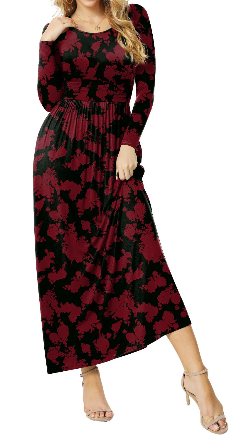 CATHY Women's Empire Waist Bodycon Maxi Dress Crewneck Casual Long Dresses with Pockets, S, 01 Red Flowers