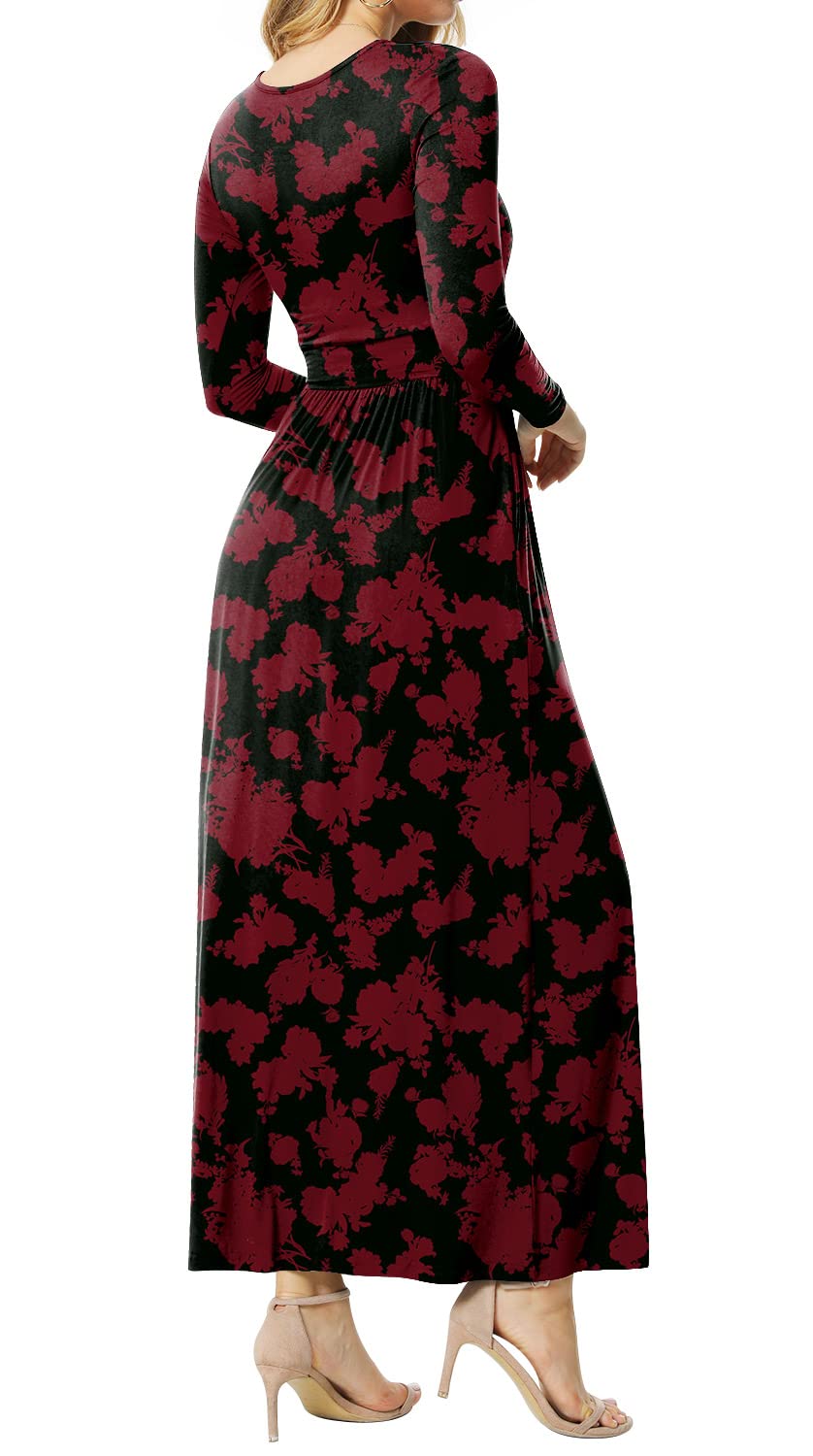 CATHY Women's Empire Waist Bodycon Maxi Dress Crewneck Casual Long Dresses with Pockets, S, 01 Red Flowers