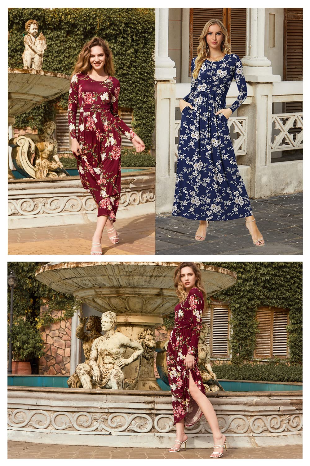 CATHY Women's Empire Waist Bodycon Maxi Dress Crewneck Casual Long Dresses with Pockets, S, 01 Red Flowers