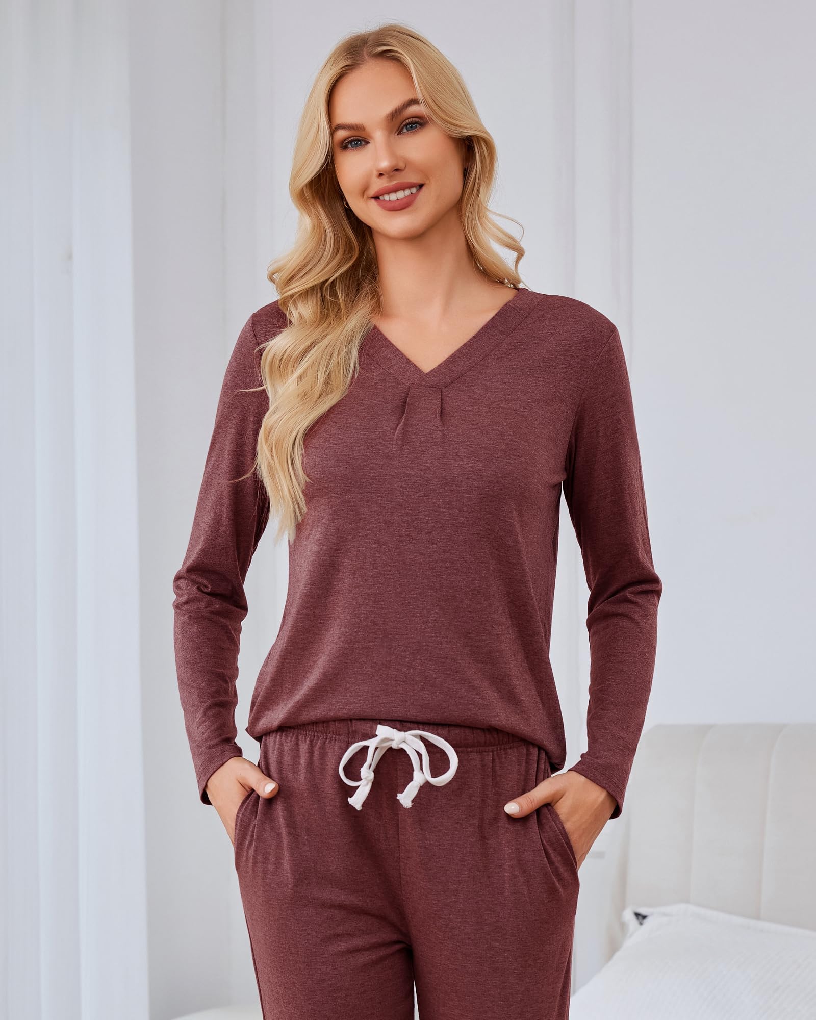 difficort Women's Pajama Sets Long Sleeve Lounge Sets Pjs Sleepwear with Pockets,Maroon,X-Large