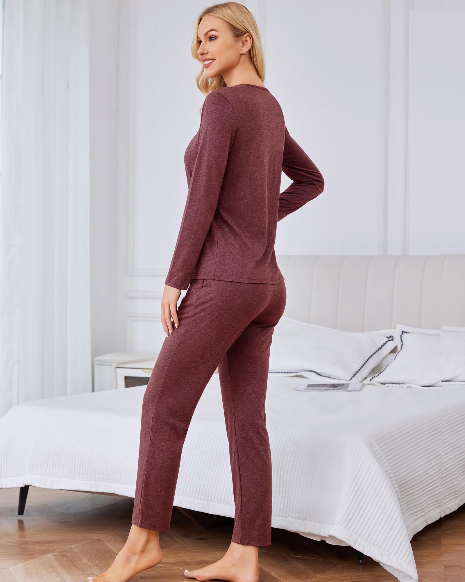 difficort Women's Pajama Sets Long Sleeve Lounge Sets Pjs Sleepwear with Pockets,Maroon,X-Large