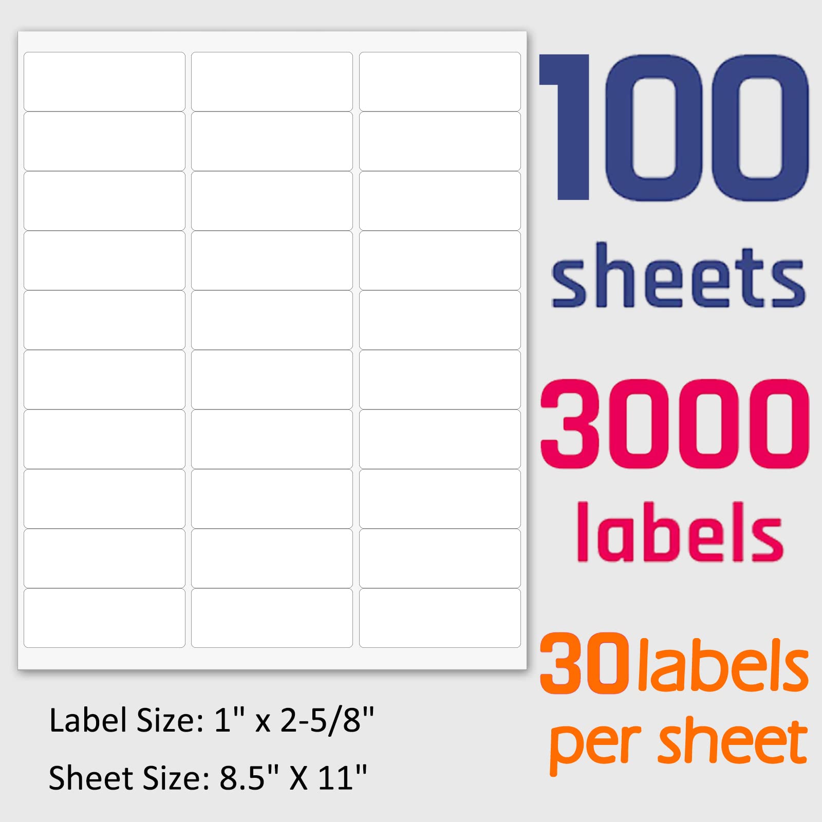 1" x 2-5/8" Shipping Address Labels 3000 Label Stickers Paper for Laser/Inkjet Printer 30 per Page Printable Mailing Labels - Matte, 100 Sheets