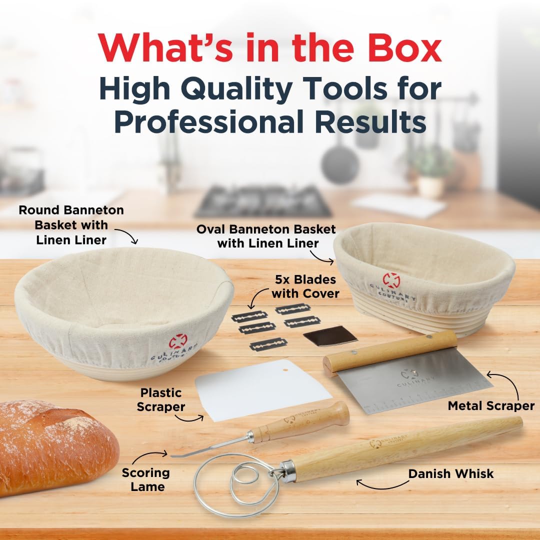 Bread Proofing Basket Set of 2 - Round 9" & Oval 8" Sourdough Bread Baking Supplies w/Linen Liner, Scrapers, Scoring Lame, Whisk, Blades Banneton Proofing Baskets - Sourdough Starter Kit for Beginners