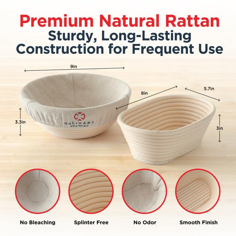 Bread Proofing Basket Set of 2 - Round 9" & Oval 8" Sourdough Bread Baking Supplies w/Linen Liner, Scrapers, Scoring Lame, Whisk, Blades Banneton Proofing Baskets - Sourdough Starter Kit for Beginners