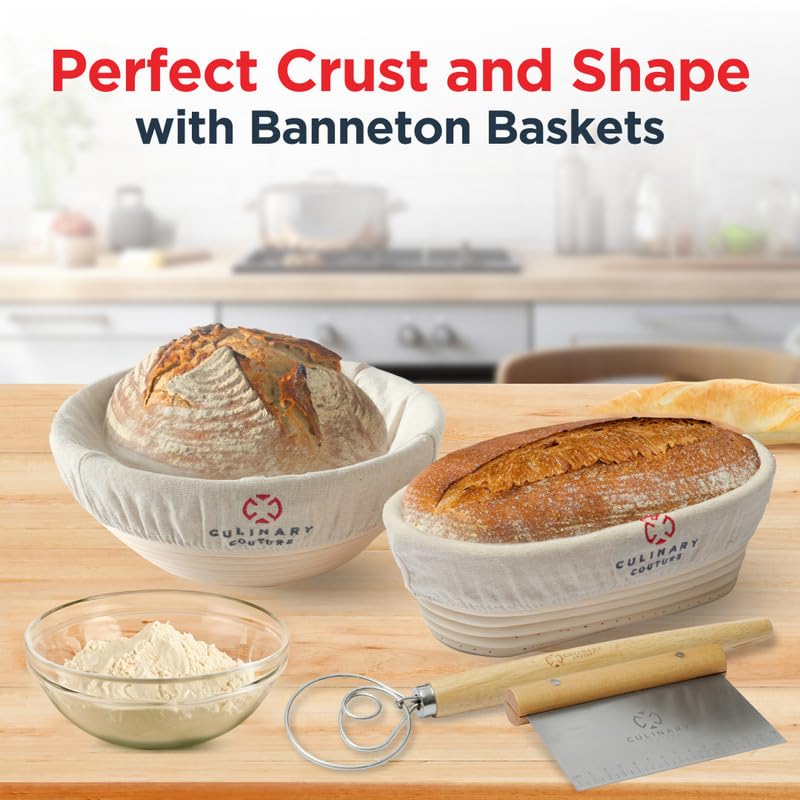 Bread Proofing Basket Set of 2 - Round 9" & Oval 8" Sourdough Bread Baking Supplies w/Linen Liner, Scrapers, Scoring Lame, Whisk, Blades Banneton Proofing Baskets - Sourdough Starter Kit for Beginners