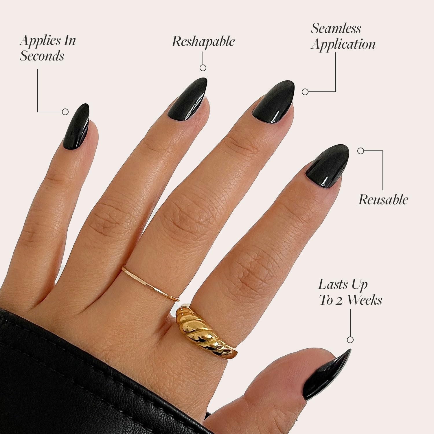 Glamnetic Press On Nails - Boba | Opaque Black Short Almond Nails, Reusable | 12 Sizes - 24 Nail Kit