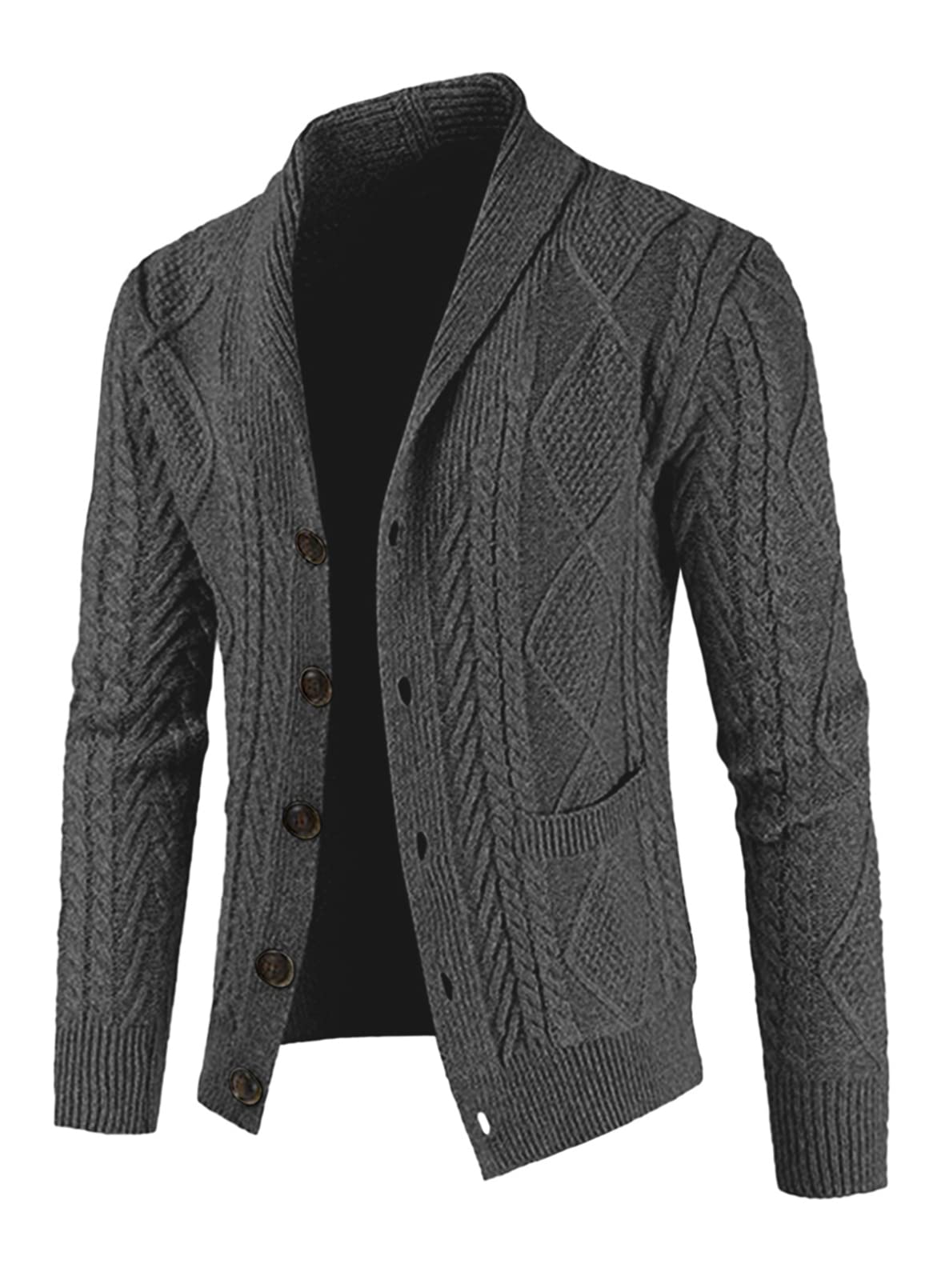 JMIERR Mens Cardigan Sweater Fall Casual Long Sleeve Shawl Collar Button-Up Cable Knit Sweaters with Pockets for Men,US 40(M),Dark Grey