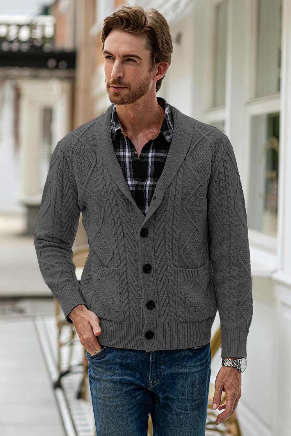 JMIERR Mens Cardigan Sweater Fall Casual Long Sleeve Shawl Collar Button-Up Cable Knit Sweaters with Pockets for Men,US 40(M),Dark Grey