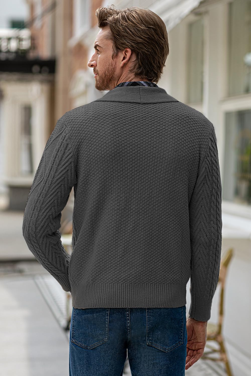 JMIERR Mens Cardigan Sweater Fall Casual Long Sleeve Shawl Collar Button-Up Cable Knit Sweaters with Pockets for Men,US 40(M),Dark Grey