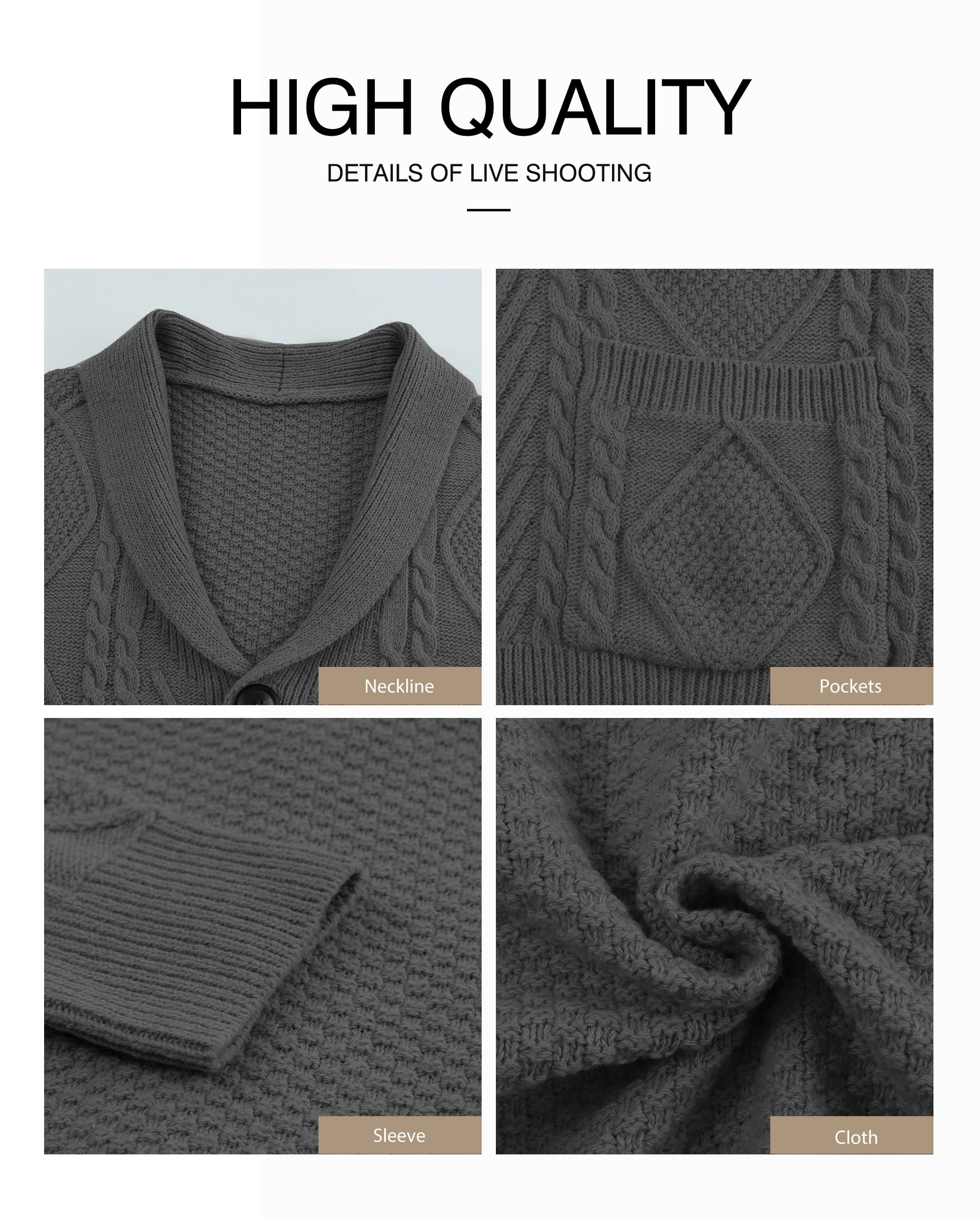 JMIERR Mens Cardigan Sweater Fall Casual Long Sleeve Shawl Collar Button-Up Cable Knit Sweaters with Pockets for Men,US 40(M),Dark Grey