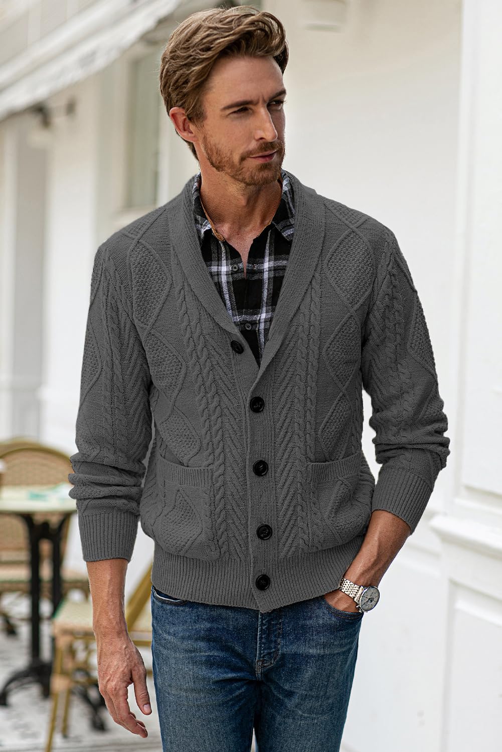 JMIERR Mens Cardigan Sweater Fall Casual Long Sleeve Shawl Collar Button-Up Cable Knit Sweaters with Pockets for Men,US 40(M),Dark Grey