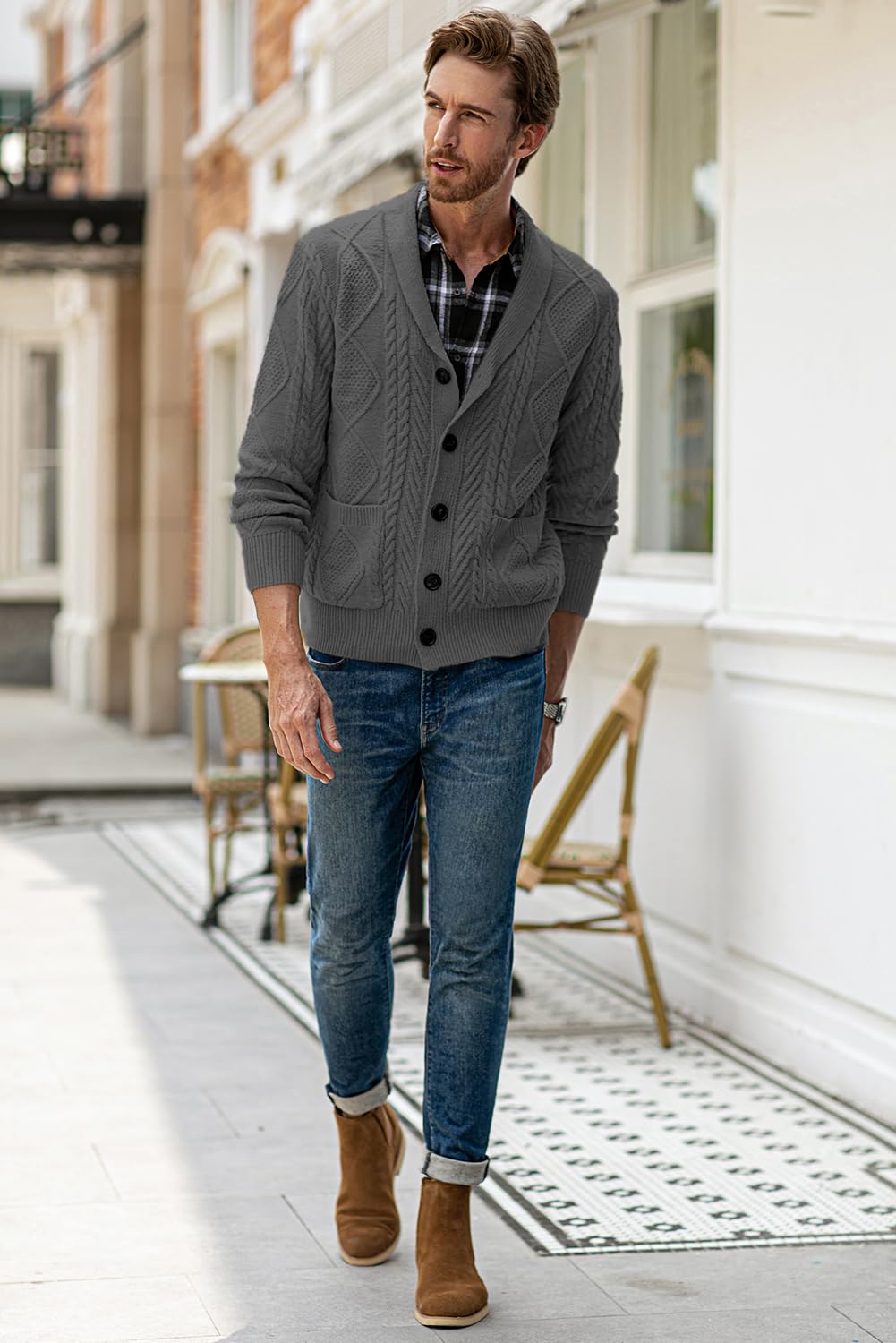JMIERR Mens Cardigan Sweater Fall Casual Long Sleeve Shawl Collar Button-Up Cable Knit Sweaters with Pockets for Men,US 40(M),Dark Grey