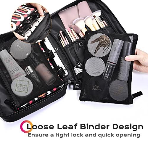 BYOOTIQUE Makeup Bag with 3 Removable Pouches 3 IN 1 Detachable Cosmefic Bag Loose Leaf Binders Removable Portable Toiletry Travel Hanging Makeup Bags Organizer Storage Makeup Brush Holder, Black