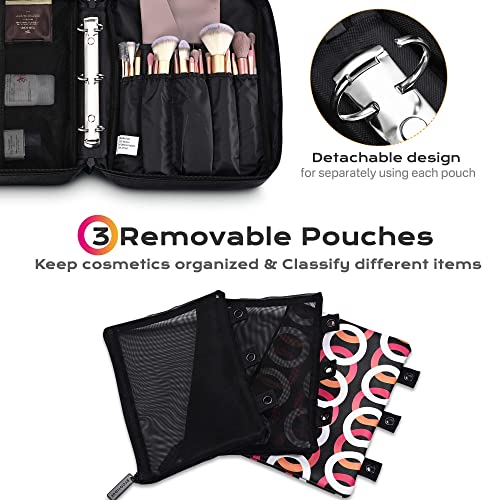 BYOOTIQUE Makeup Bag with 3 Removable Pouches 3 IN 1 Detachable Cosmefic Bag Loose Leaf Binders Removable Portable Toiletry Travel Hanging Makeup Bags Organizer Storage Makeup Brush Holder, Black