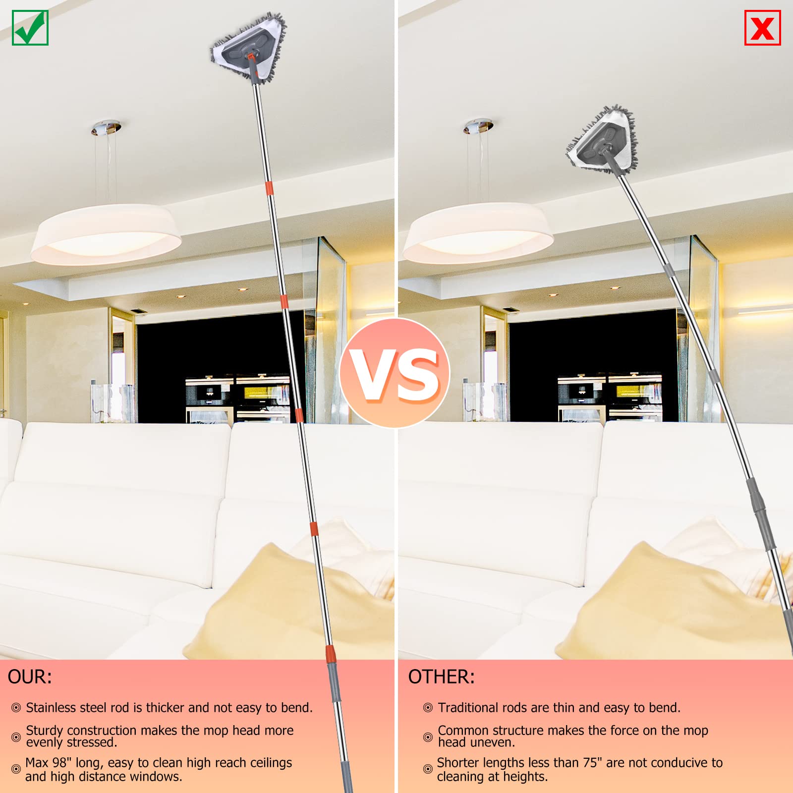 Wall Cleaner 98 Inch Wall Cleaner with Long Handle,HoMerit Wall Cleaner Mop 360° Rotatable Adjustable Cleaning Mop,Ceiling Dust Mop,Wall Cleaning Tool for Walls/Baseboard/Floors,6 Replacement Pads