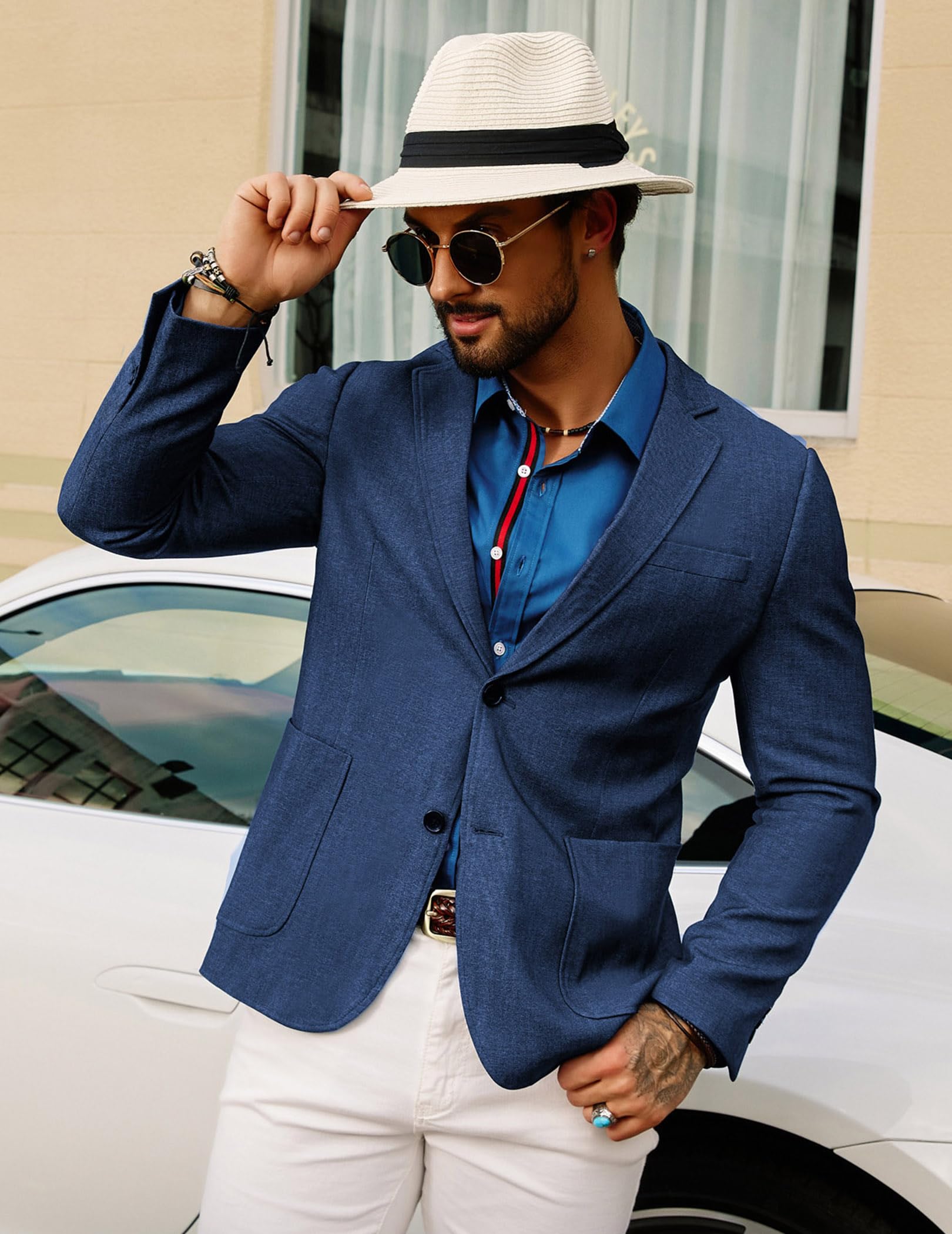 Mens Casula Sport Coat Casual Blazer One Button Business Suit Jacket for Wedding Bridegroom Tuxedos Denim Blue XL
