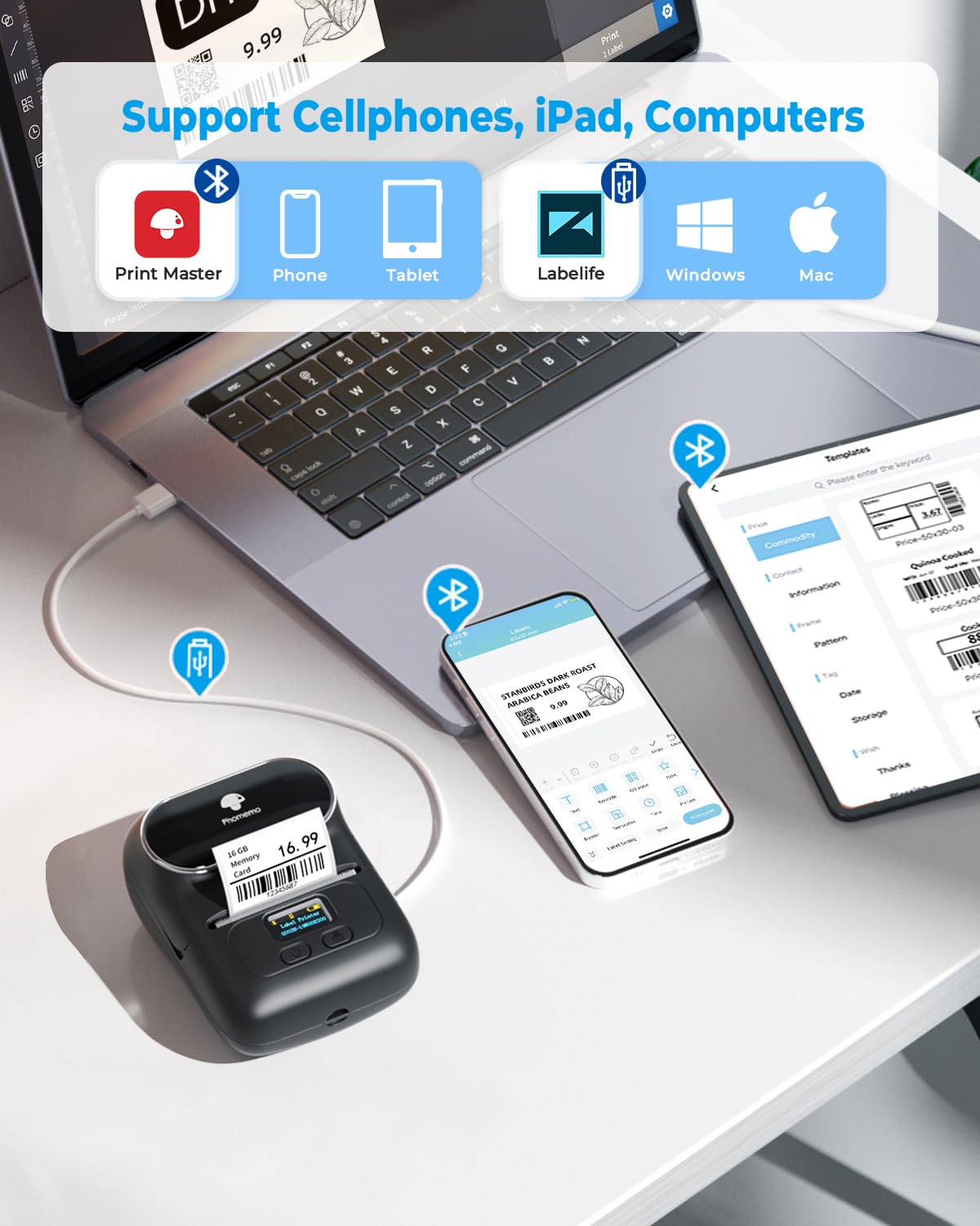 Phomemo M110 Label Printer - Bluetooth No Ink Printer, Mini Portable Barcode Label Printer for Retail, Address, Barcode, Home, for PC/Mac, iOS/Android, with 3pack Most Used Labels, Ebony Black