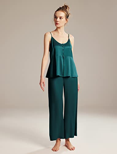AW BRIDAL Pajama Sets for Women Satin Ruffle Camisole Top with Long Pants Silk Bride Pajamas for Wedding Engagement Party, Hunter Green M