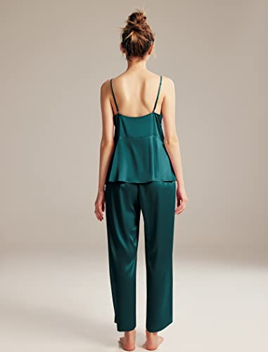 AW BRIDAL Pajama Sets for Women Satin Ruffle Camisole Top with Long Pants Silk Bride Pajamas for Wedding Engagement Party, Hunter Green M