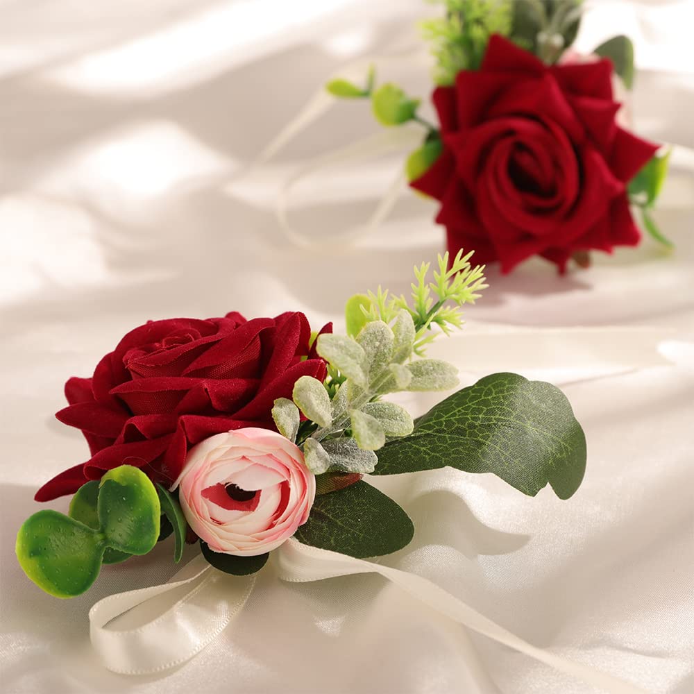 Kercisbeauty 2pcs Red Rose Corsage Set for Wedding Bridesmaid Flower Wristlet Band for Homecoming Prom Girls (Red)