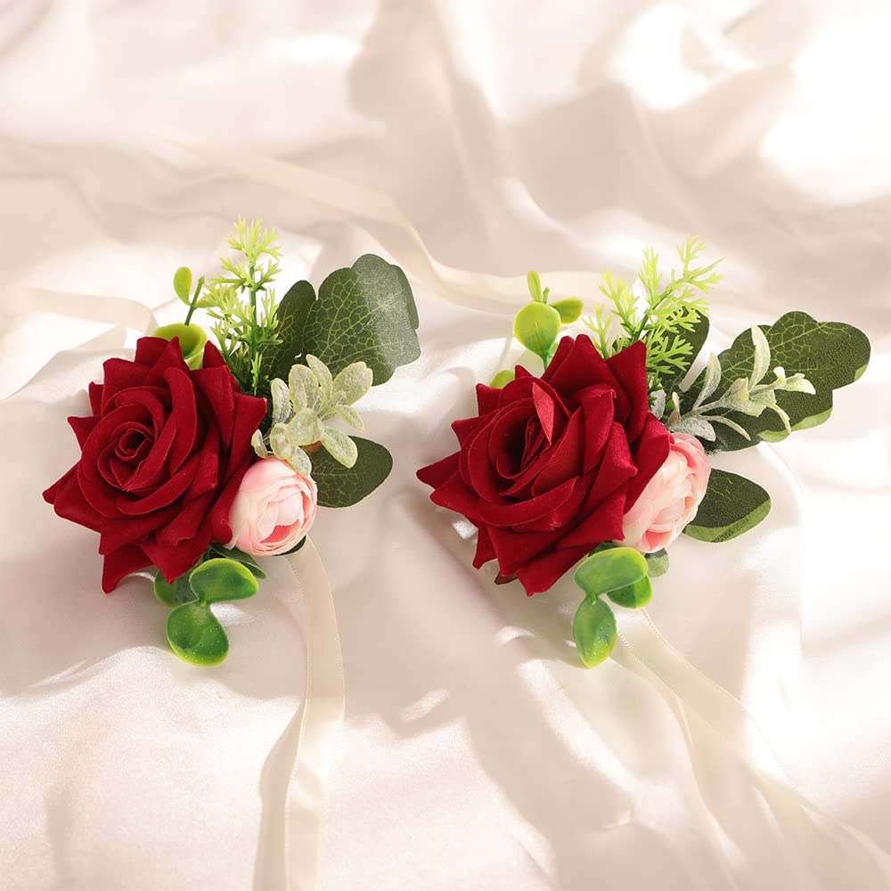 Kercisbeauty 2pcs Red Rose Corsage Set for Wedding Bridesmaid Flower Wristlet Band for Homecoming Prom Girls (Red)