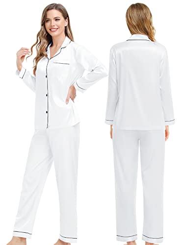 SWOMOG Silk Pajamas for Men Satin Long Sleeve Sleepwear Soft Button Down Loungewear 2 Pcs Pj Set Women/Men White Medium