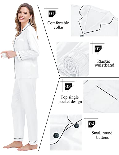 SWOMOG Silk Pajamas for Men Satin Long Sleeve Sleepwear Soft Button Down Loungewear 2 Pcs Pj Set Women/Men White Medium