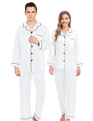 SWOMOG Silk Pajamas for Men Satin Long Sleeve Sleepwear Soft Button Down Loungewear 2 Pcs Pj Set Women/Men White Medium