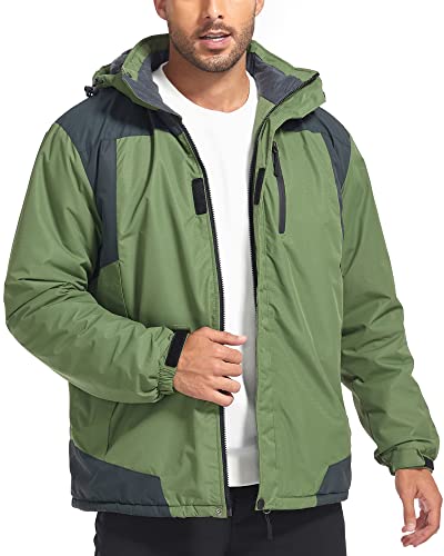 Mens Winter Jackets Ski Snow Coats Warm Fleece Lined Waterproof Windbreaker Softshell Hooded Jackets Raincoats Green 2XL