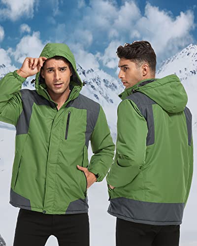 Mens Winter Jackets Ski Snow Coats Warm Fleece Lined Waterproof Windbreaker Softshell Hooded Jackets Raincoats Green 2XL