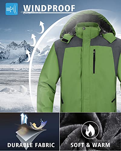 Mens Winter Jackets Ski Snow Coats Warm Fleece Lined Waterproof Windbreaker Softshell Hooded Jackets Raincoats Green 2XL