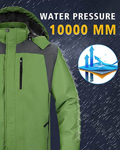 Mens Winter Jackets Ski Snow Coats Warm Fleece Lined Waterproof Windbreaker Softshell Hooded Jackets Raincoats Green 2XL