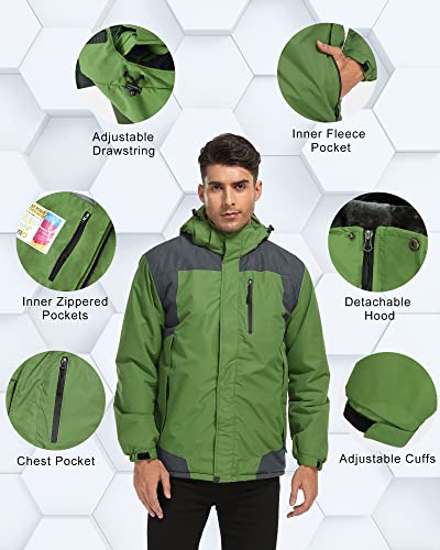 Mens Winter Jackets Ski Snow Coats Warm Fleece Lined Waterproof Windbreaker Softshell Hooded Jackets Raincoats Green 2XL