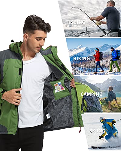Mens Winter Jackets Ski Snow Coats Warm Fleece Lined Waterproof Windbreaker Softshell Hooded Jackets Raincoats Green 2XL