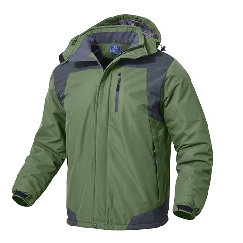 Mens Winter Jackets Ski Snow Coats Warm Fleece Lined Waterproof Windbreaker Softshell Hooded Jackets Raincoats Green 2XL