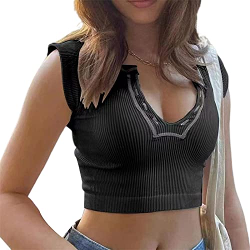 Women’s Graphic Print Crop Shirt Kawaii Summer O Neck Short Sleeve Tee Top E Girl Y2k Aesthetic Clothes (F Ribbed Black,M)