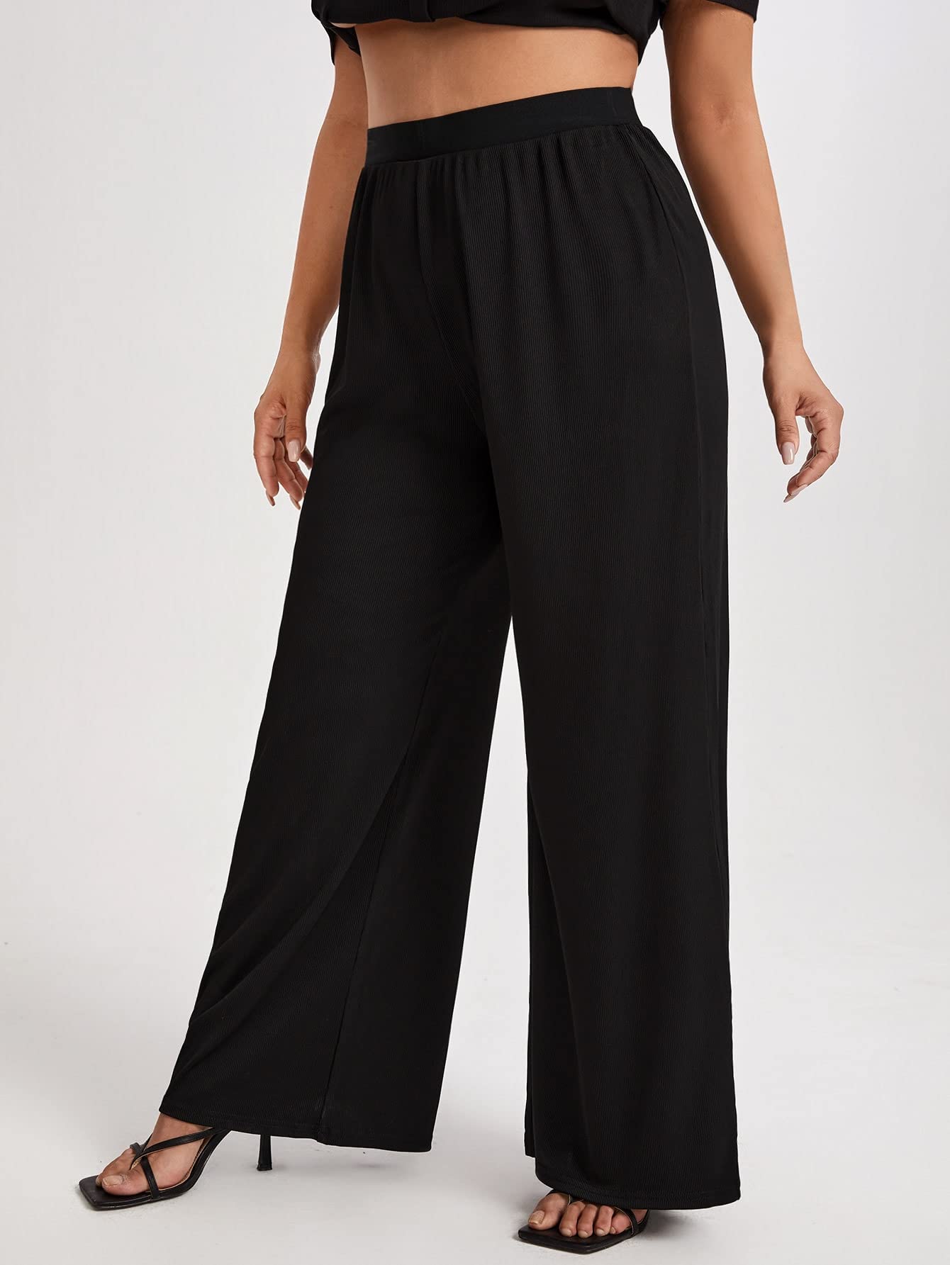 WDIRARA Women's Plus Size Wide Leg Palazzo Pants Elastic High Waisted Loose Trousers Black 1XL