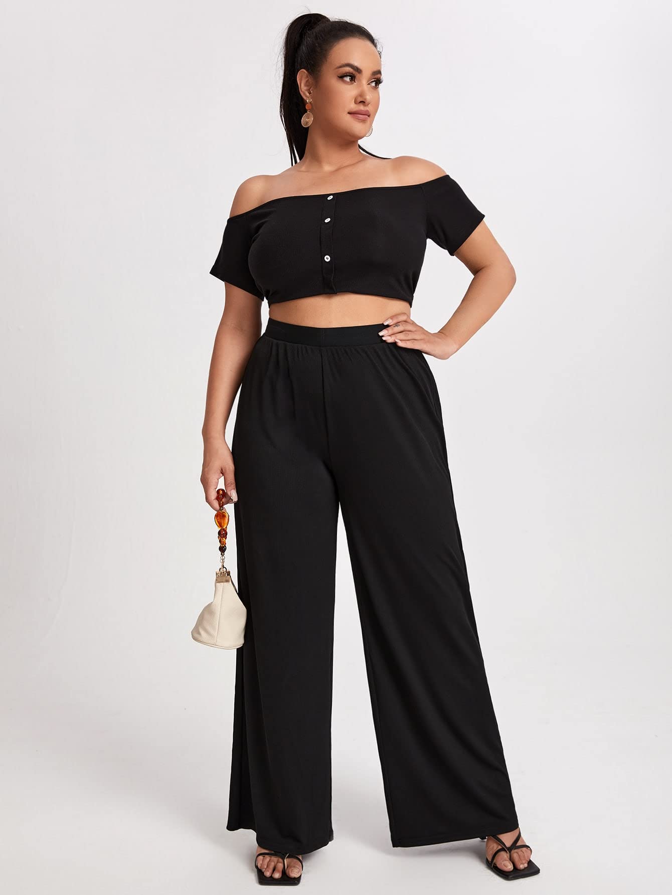 WDIRARA Women's Plus Size Wide Leg Palazzo Pants Elastic High Waisted Loose Trousers Black 1XL