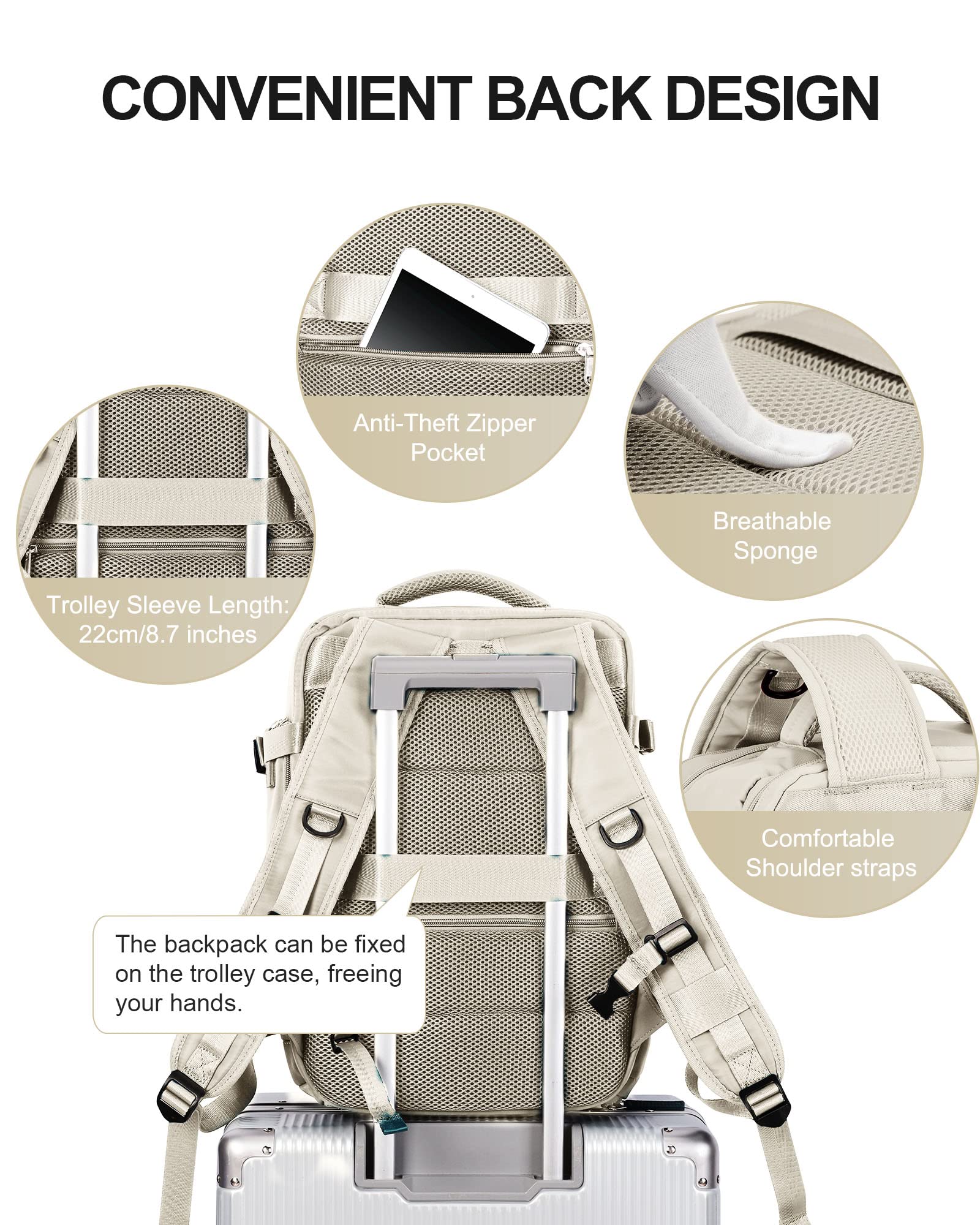 Carry On Backpack for Women, Airline Approved Large Travel Backpack Flight Approved, Waterproof 17 Inch Laptop Backpack Business Work Backpacks Bag Men Beige Mochila De Viaje