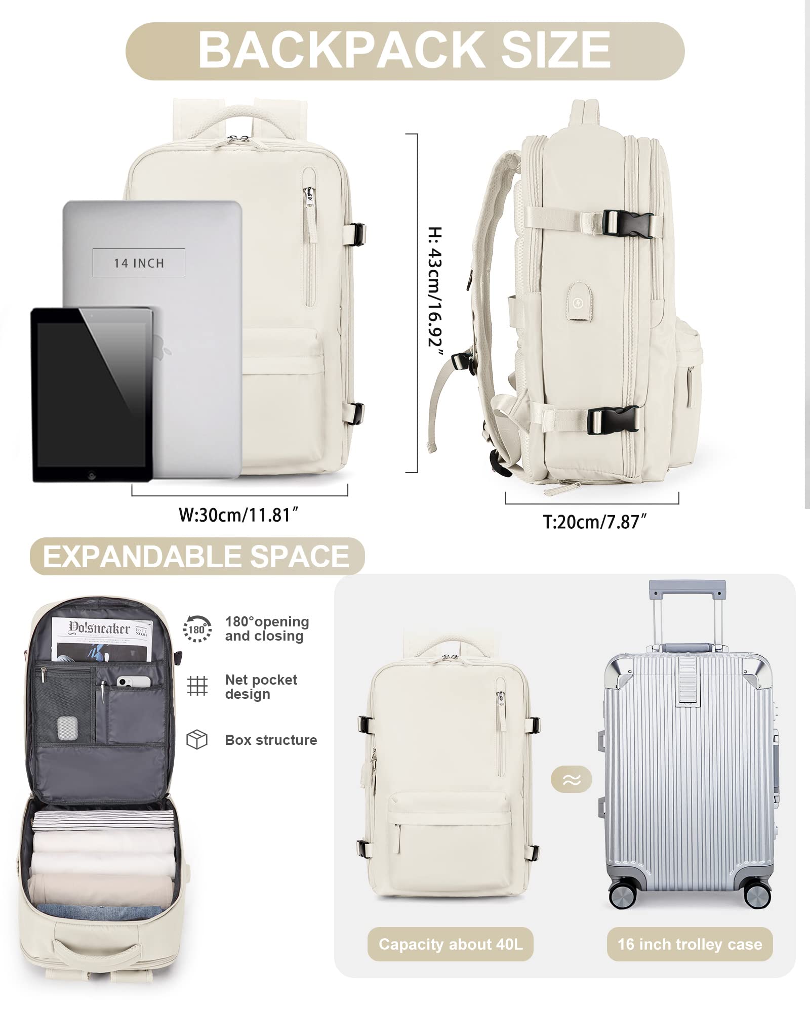 Carry On Backpack for Women, Airline Approved Large Travel Backpack Flight Approved, Waterproof 17 Inch Laptop Backpack Business Work Backpacks Bag Men Beige Mochila De Viaje