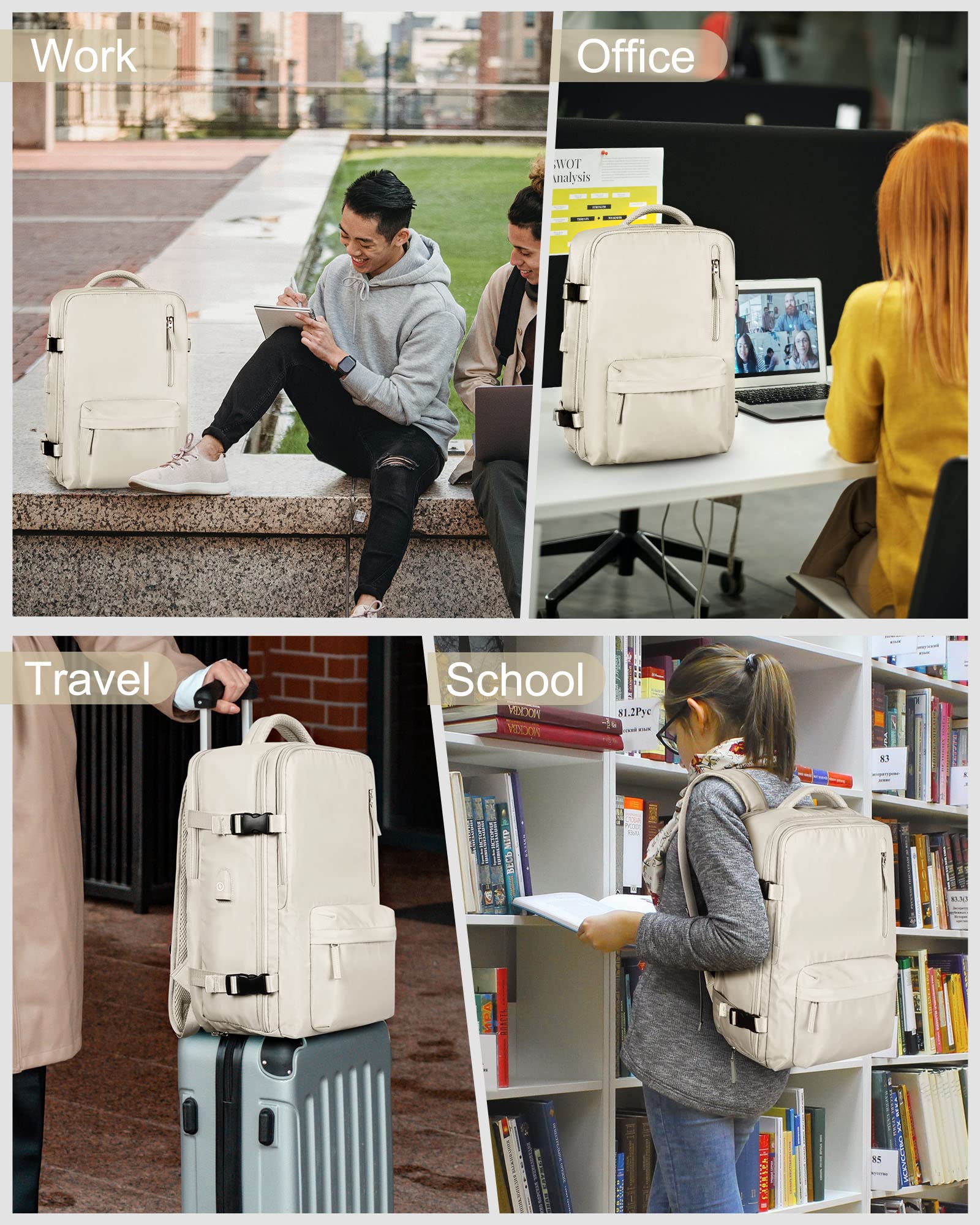 Carry On Backpack for Women, Airline Approved Large Travel Backpack Flight Approved, Waterproof 17 Inch Laptop Backpack Business Work Backpacks Bag Men Beige Mochila De Viaje