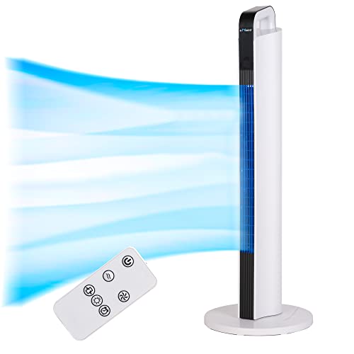 Oscillating 35 Inch Tower Fan with Remote, Quite Smart Cooling Fans with 3 Speed Setting and Auto-off Timer, Electric Standing Bladeless Fan for Bedroom Home Office Dorm Living Room, White
