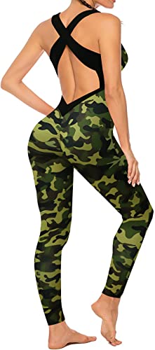 Sumtory One Piece Workout Jumpsuits for Women Unitard Bodysuit Camo Athletic Rompers M, Camouflage#3 (STNJP0384GR-M)